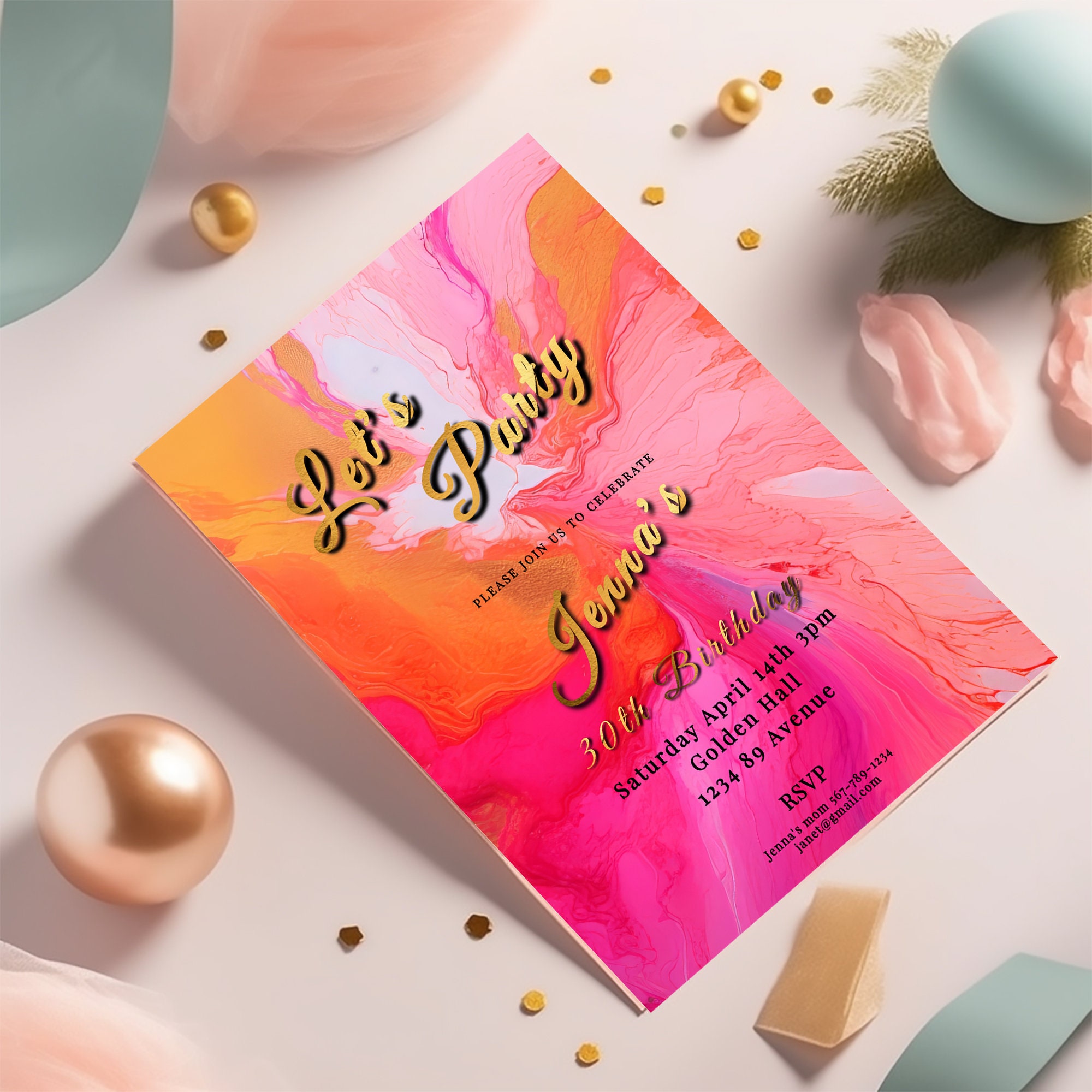 Hot Pink and Orange Birthday Editable Invitation 5x7in brunch Invite ...