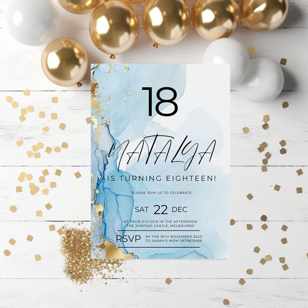 Blue Alcohol Ink Birthday Party Invitation Template - Customizable ...