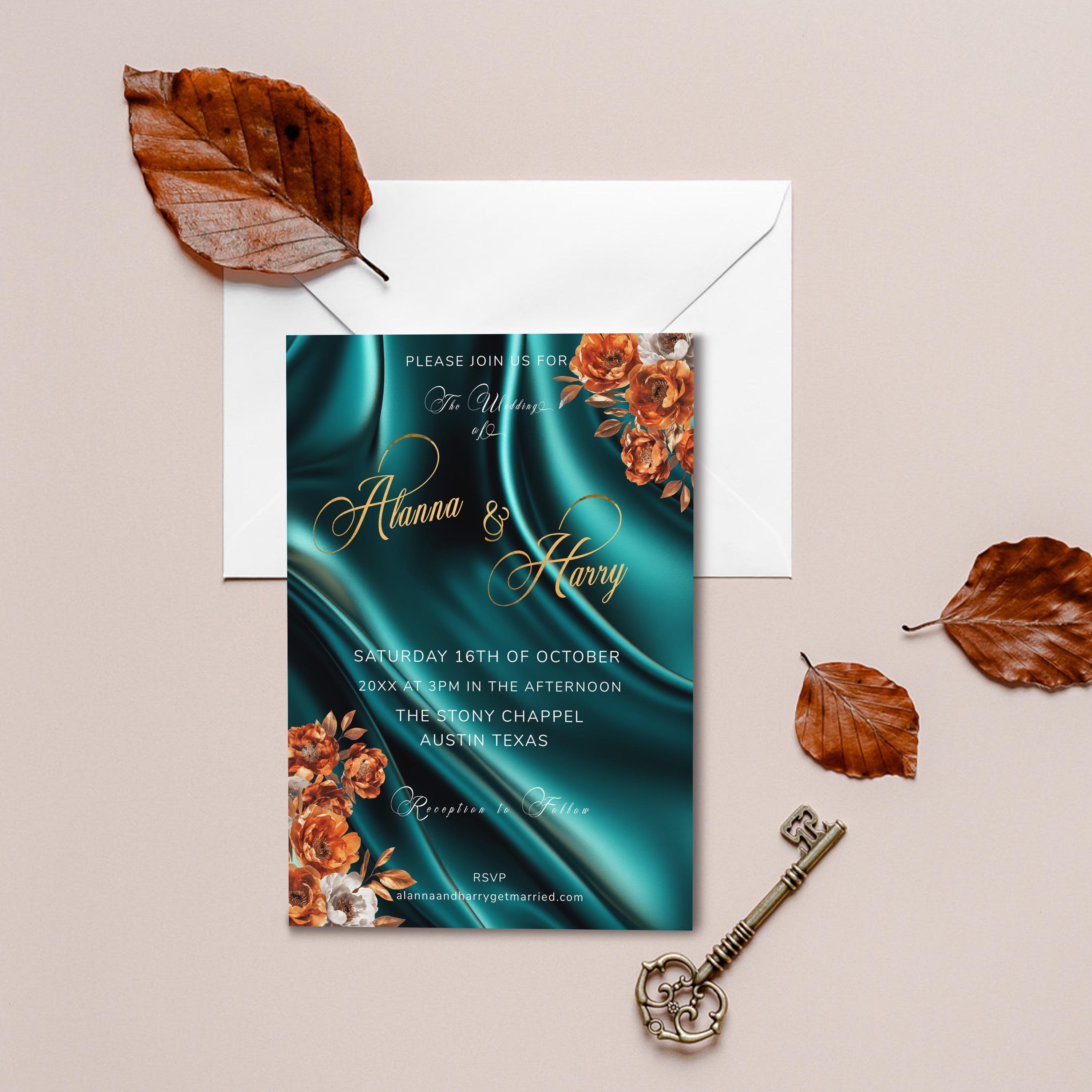 Terracotta and Teal Wedding Invitation Template-teal Floral Invite ...