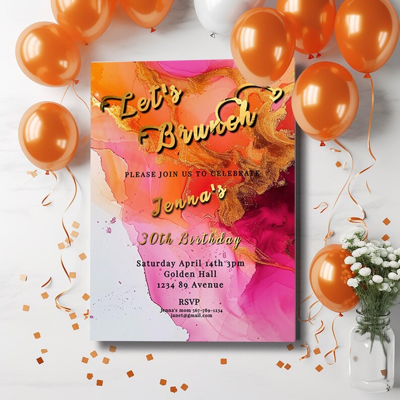 Hot Pink and Orange Birthday Editable Invitation 5x7in -brunch Invite ...