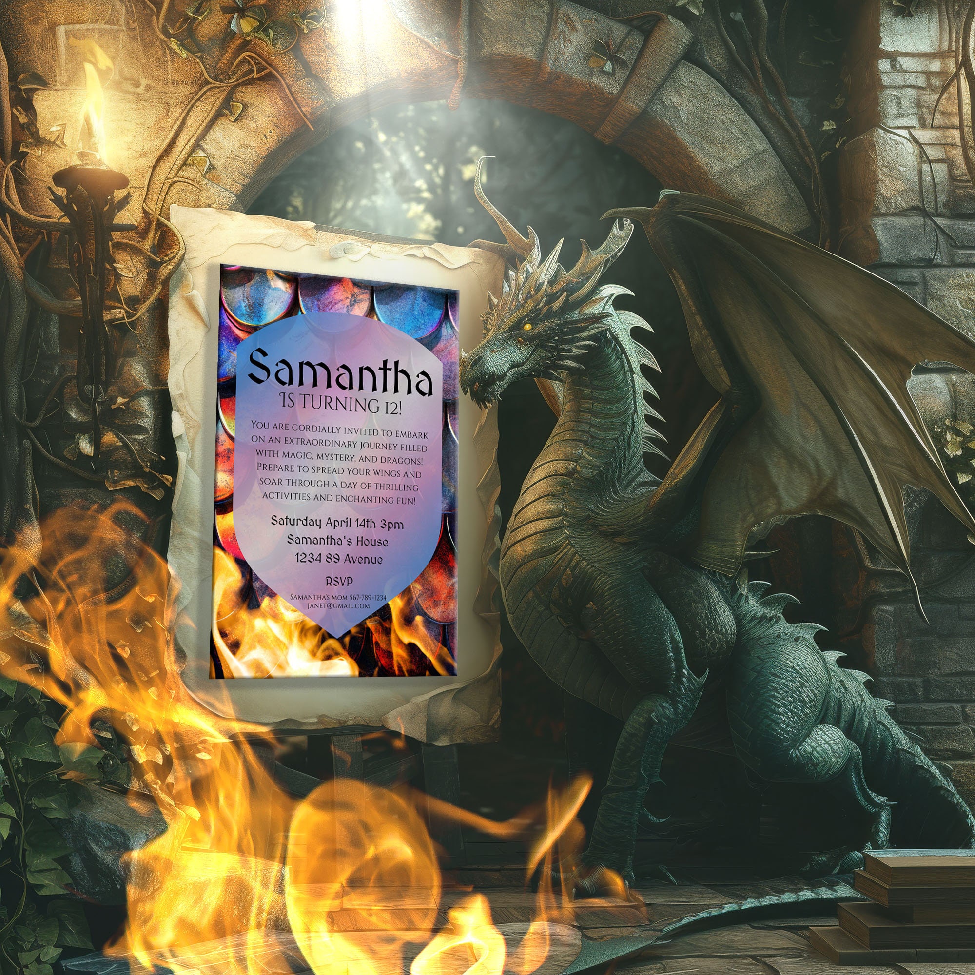 Dragon Birthday Party Invitation Girl Editable Template-dragon Scales ...