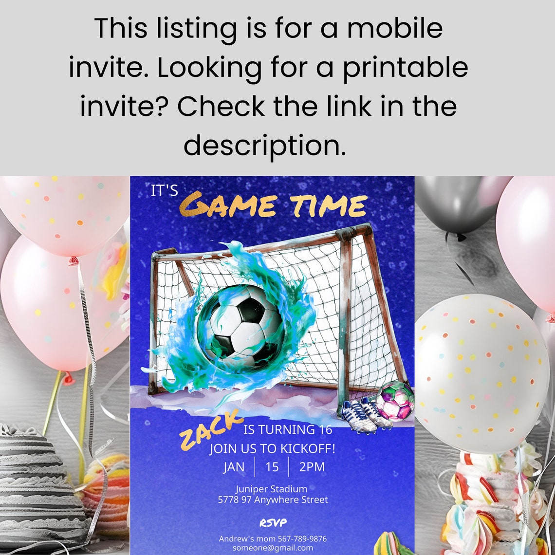 Blue Soccer Birthday Invitation: Mobile Template With Thank You Card - Etsy