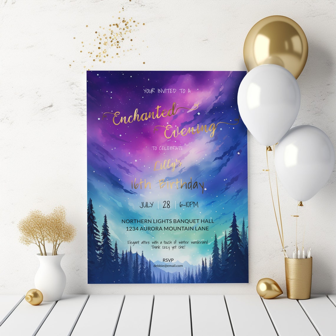 Northern Lights Sweet 16 Invitation-enchanted Evening-aurora Borealis ...