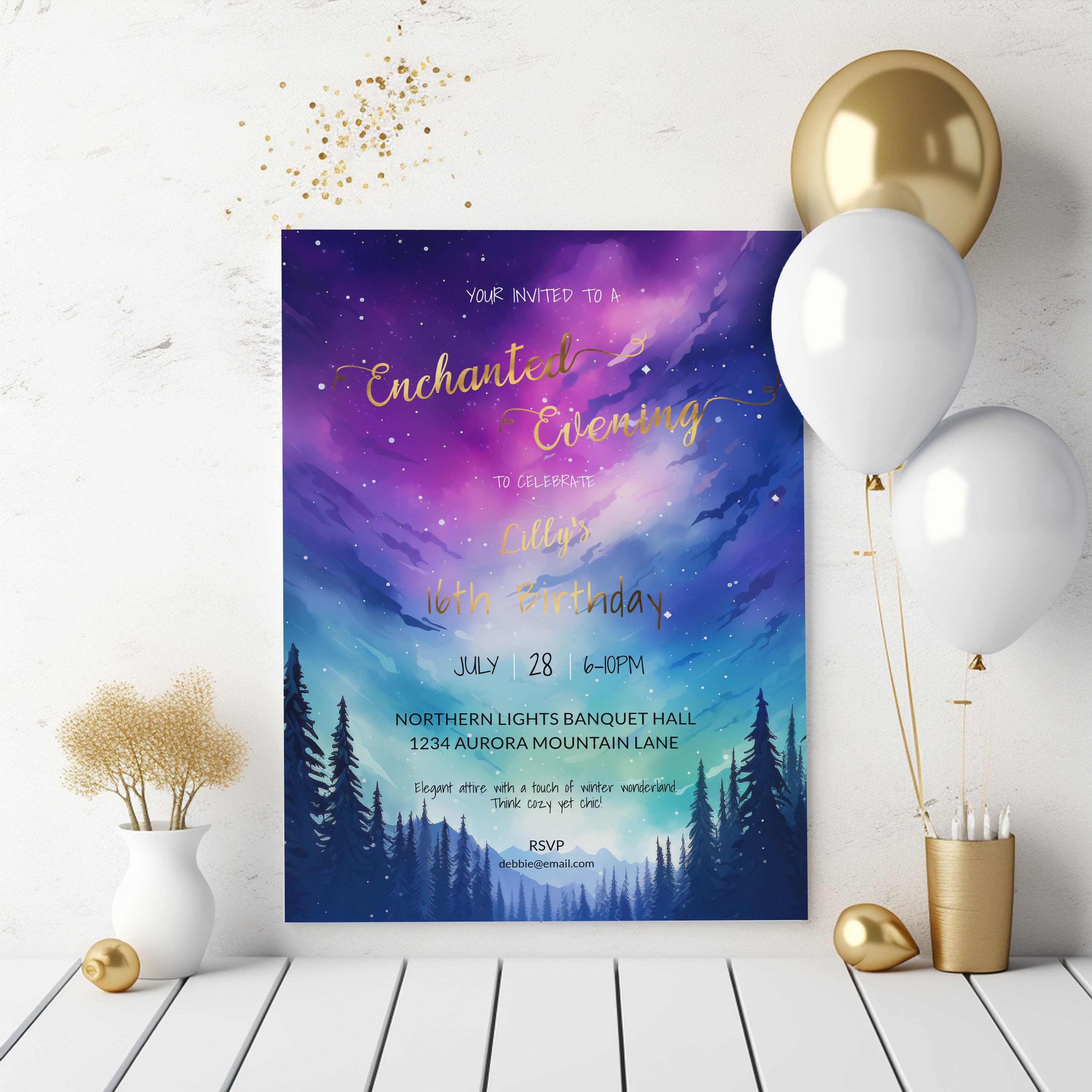 Northern Lights Sweet 16 Invitation-enchanted Evening-aurora Borealis ...