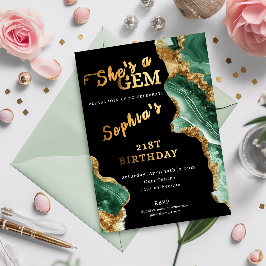 Dark Green & Gold Birthday Invitation-geode-gem-gemstone Editable ...