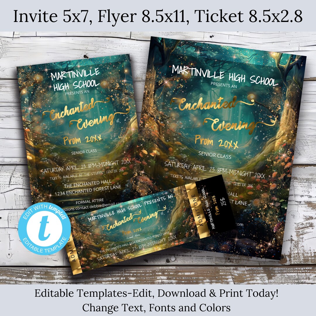 Enchanted Forest Prom Bundle: Editable Invite, Flyer & Tickets for ...