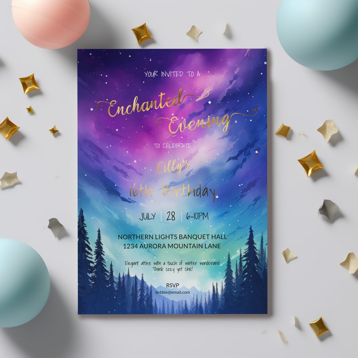 Northern Lights Sweet 16 Invitation-enchanted Evening-aurora Borealis ...