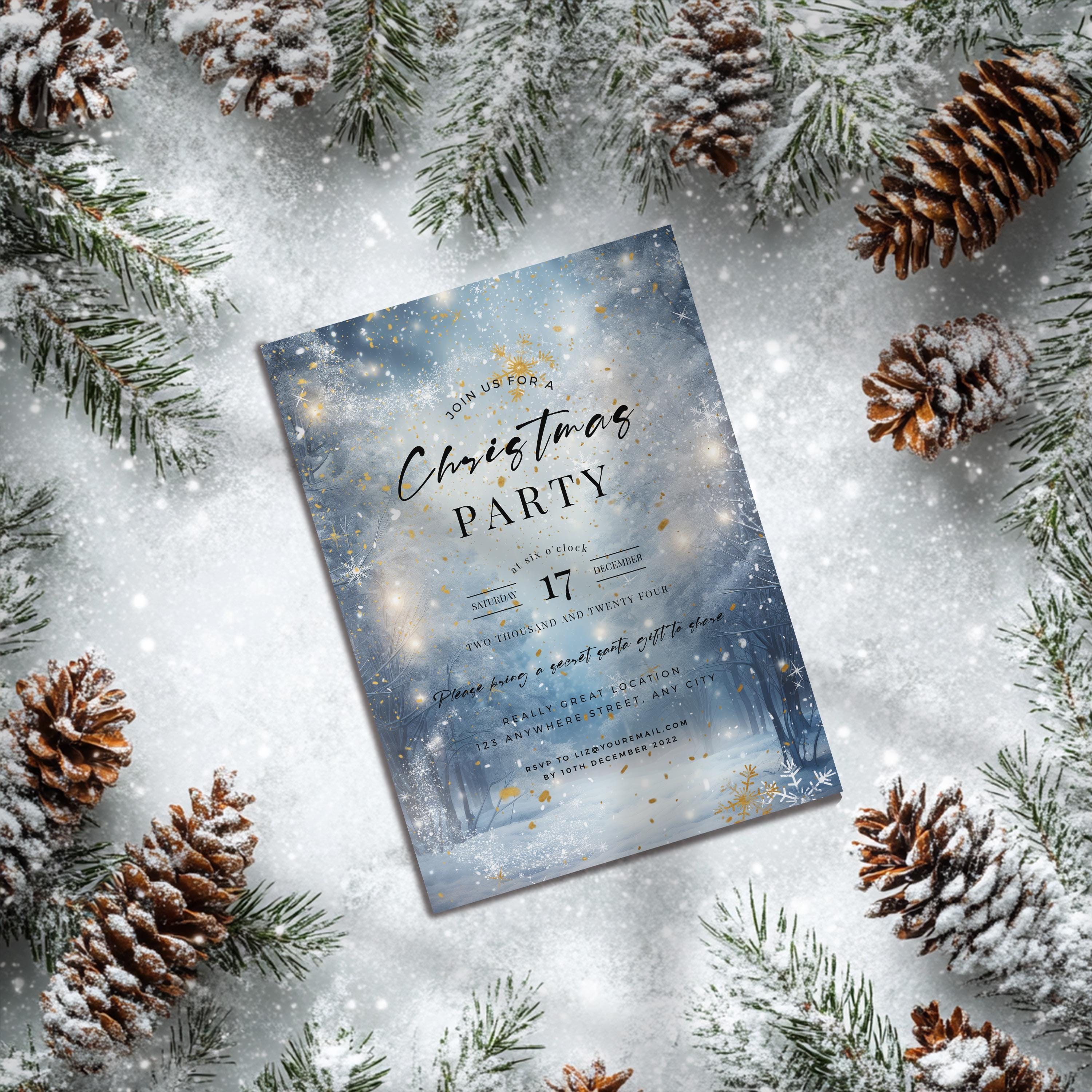 Winter Wonderland Christmas Invitation Template, Enchanted Forest Gold ...