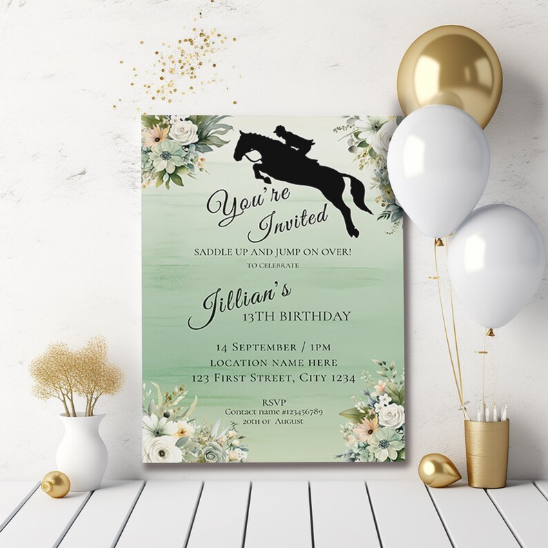Floral Horse Invitation -equestrian Show Jumping Birthday Invitation ...