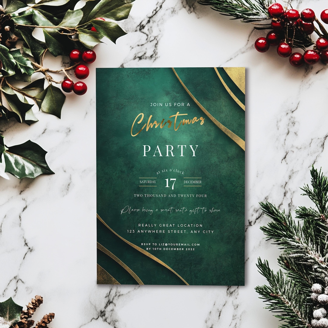Emerald Green and Gold Christmas Holiday Party Invite 5x7 - Instant ...