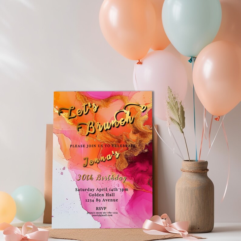 Hot Pink and Orange Birthday Editable Invitation 5x7in brunch Invite ...