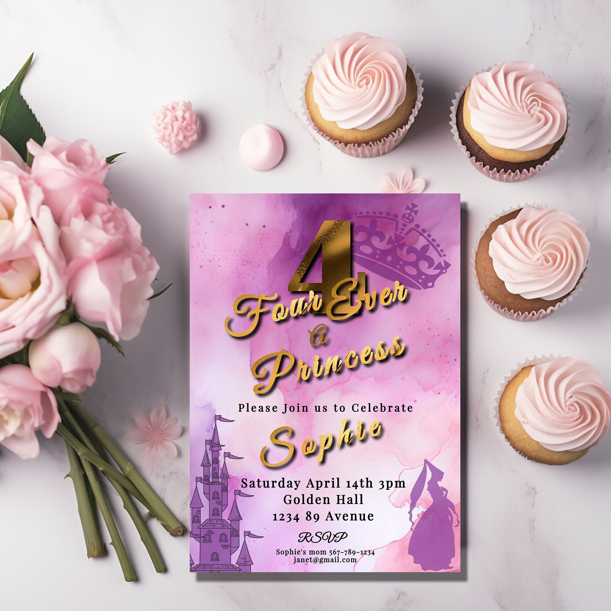 Four Ever Princess Party Invitation Girl Editable Template-princess ...