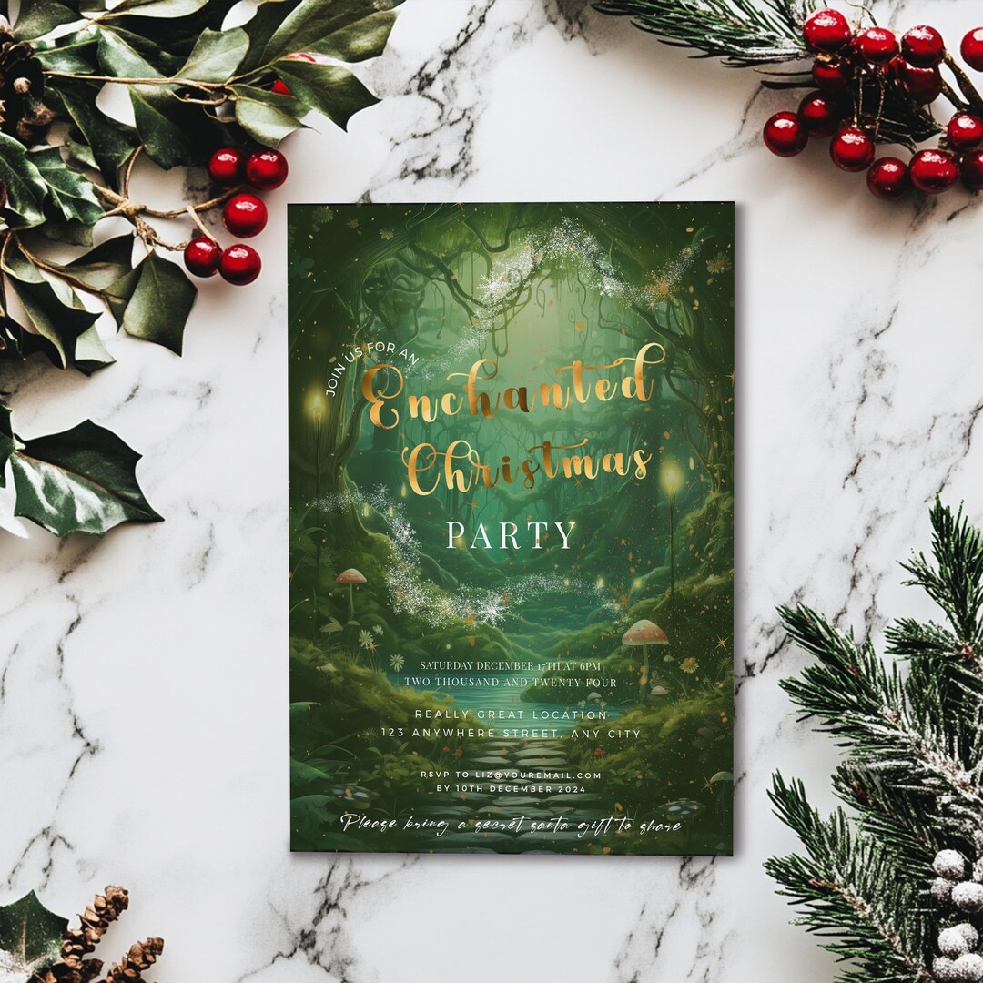 Enchanted Christmas Party Invitation Template, Holiday Forest Invite ...