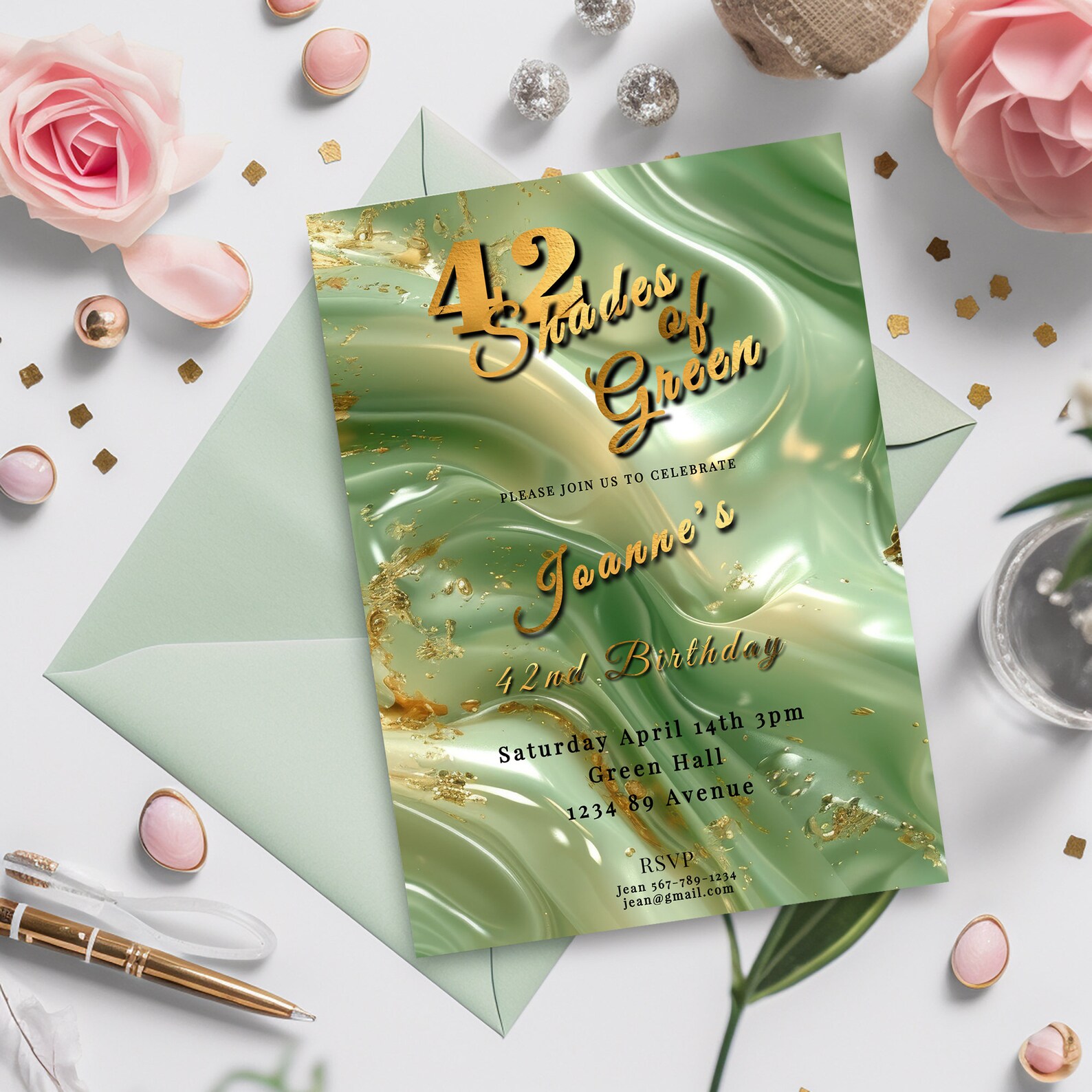 Shades of Green Birthday Editable Invitation 5x7in -emerald Green and ...