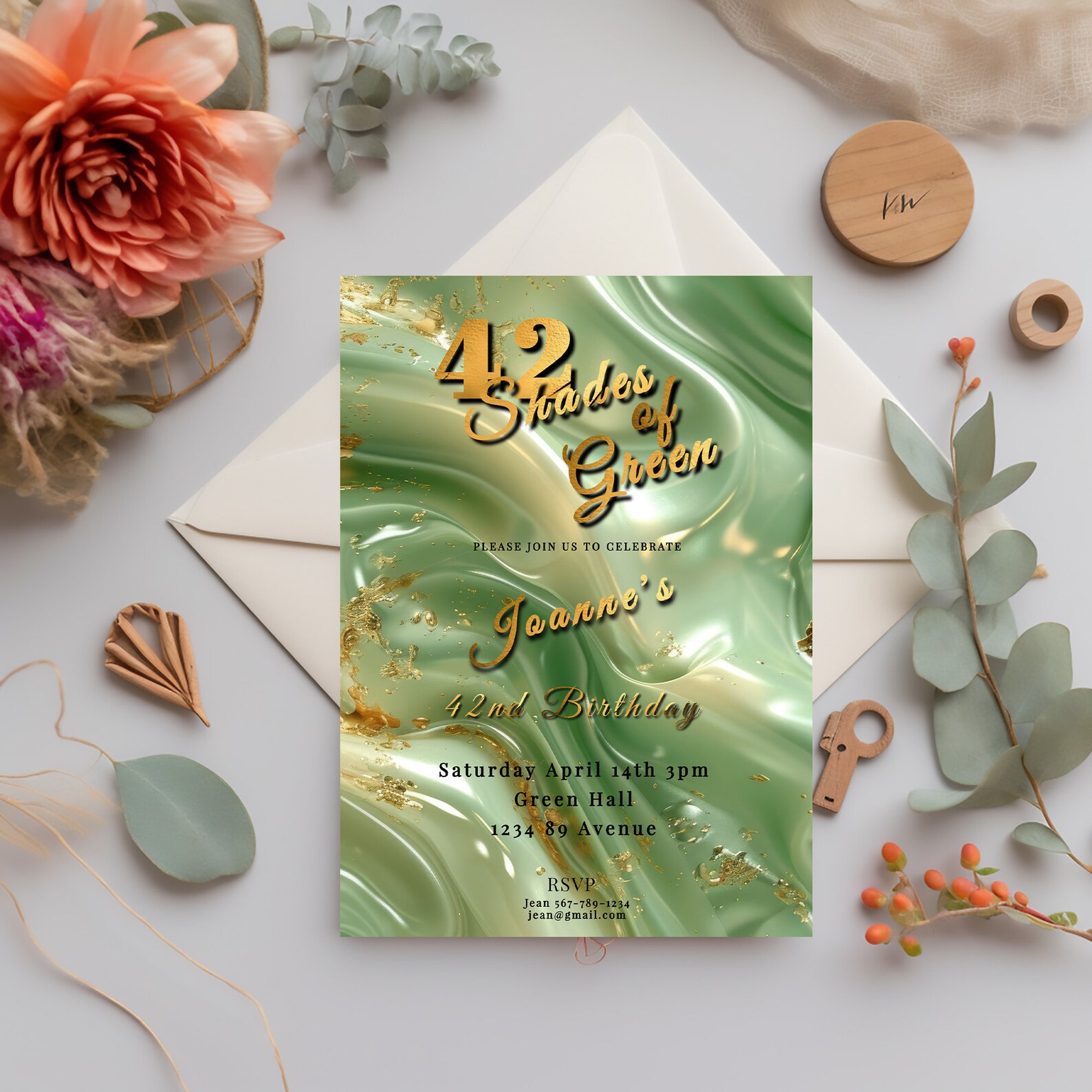 Shades of Green Birthday Editable Invitation 5x7in -emerald Green and ...