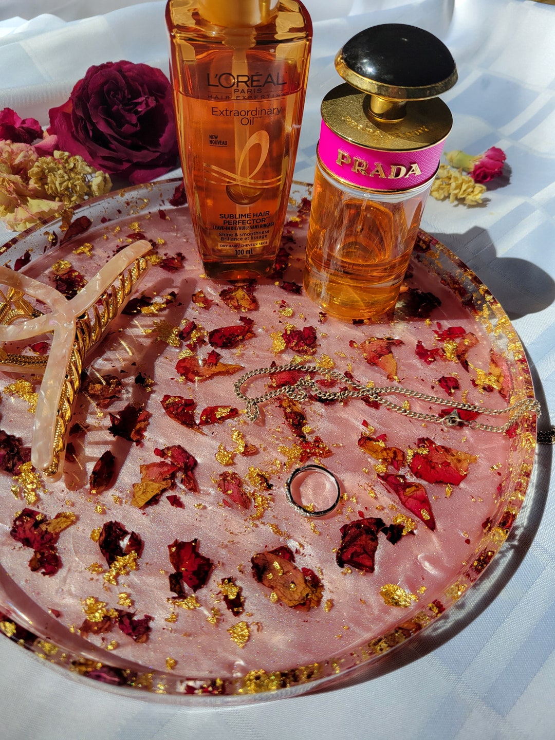 Large Round Resin Tray Made W Real Rose Petals, Vanity Tray, Perfume ...