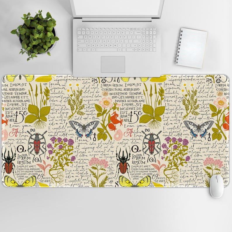 Abstract Leaves and Butterfly Desk Mat Boho Gaming Mouse Pad Insect ...
