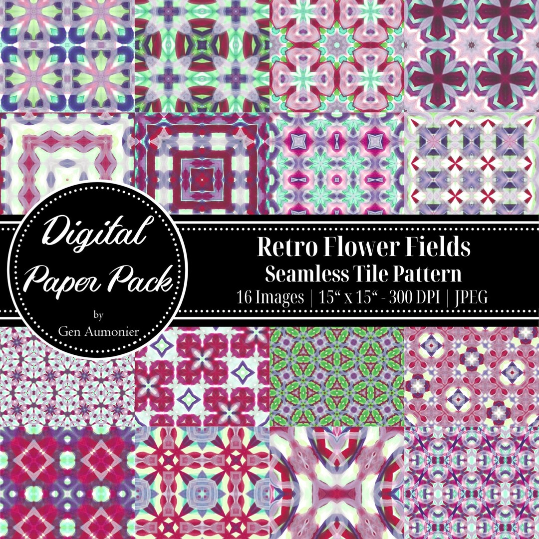 Retro Flower Fields Watercolor Seamless Tile Pattern Bundle, Colorful ...