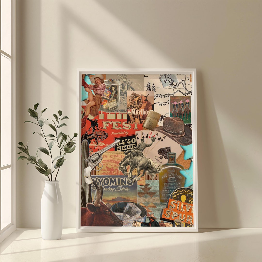 Colagem em tela estilo cowboy do Velho Oeste vintage - Arte de parede ...