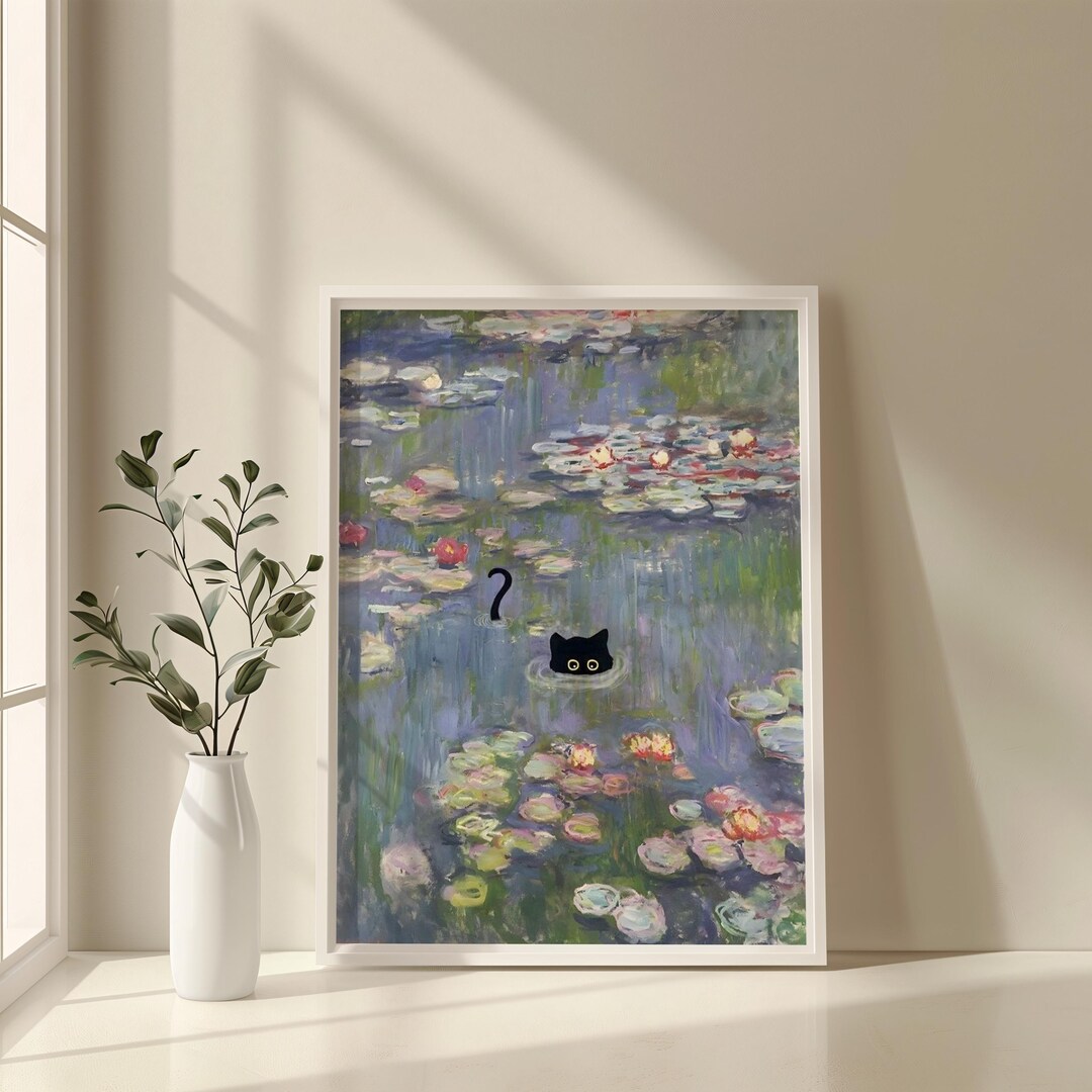 Claude Monet Cat Poster, Monet Waterlily Cat Print, Black Cat Art ...