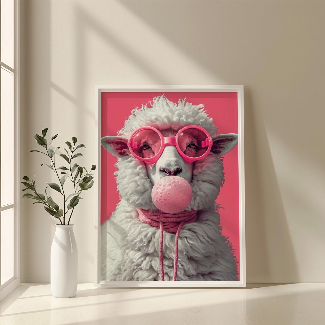 Pop Art Sheep Poster, Funny Bubble Gum Blowing Sheep Artwork, Pink ...