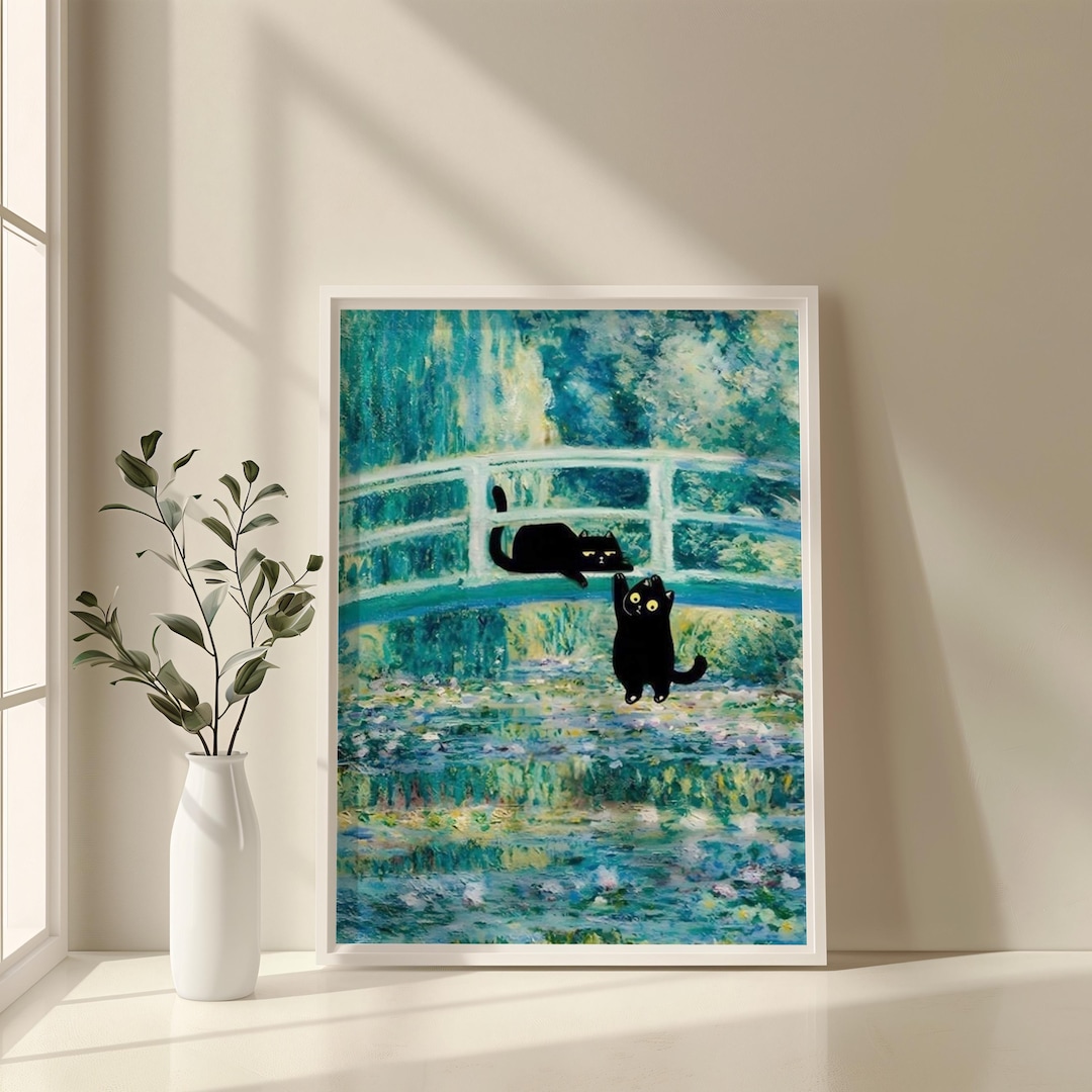 Funny Black Cat Art Print - Claude Monet Parody - Classic Painting With ...