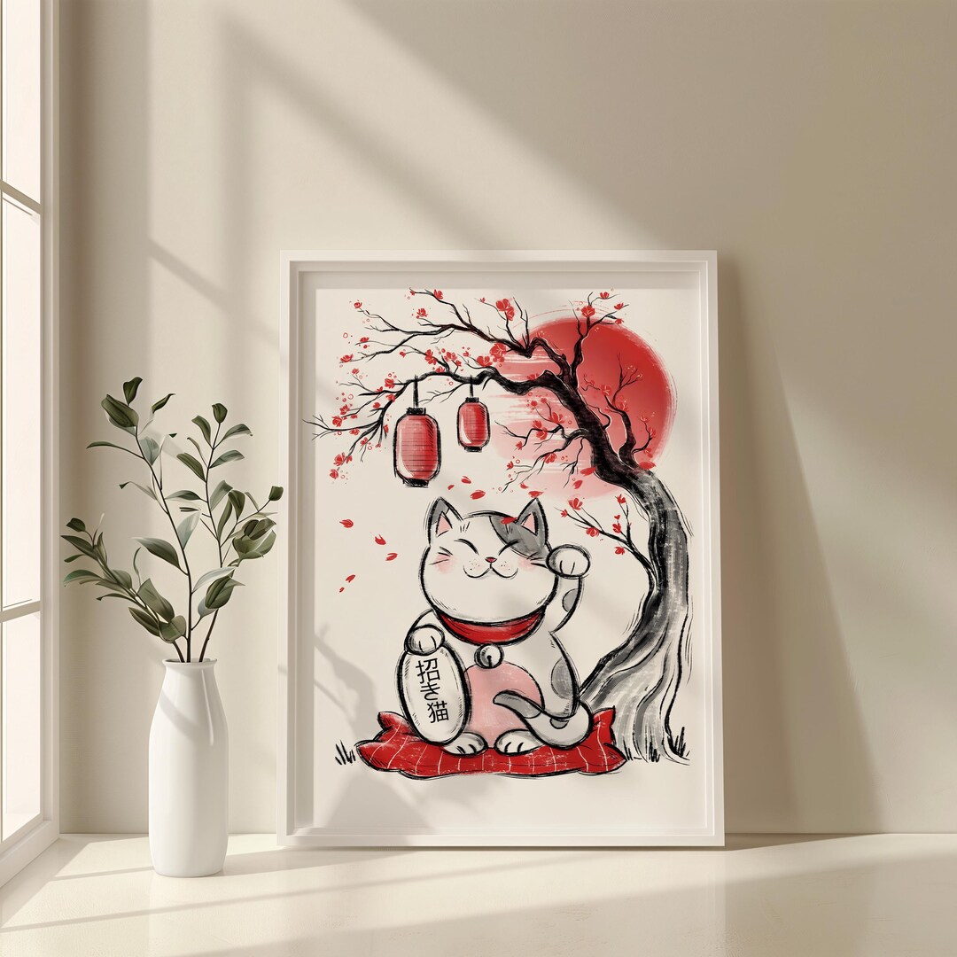 Japanese Lucky Cat Print & Traditional Maneki Neko Cat Poster, Retro ...