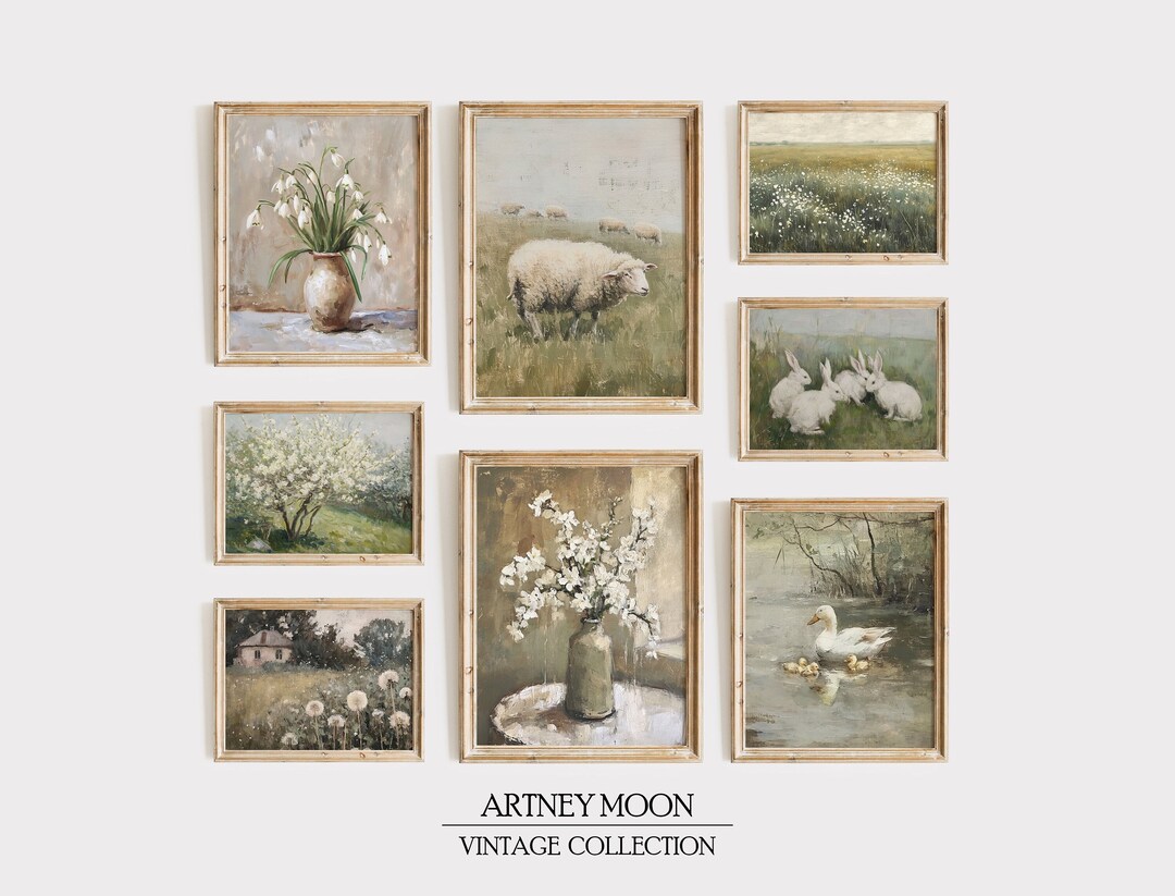 Vintage Spring Gallery Set of 8 Art Prints Rustic Easter Farmhouse Oil ...