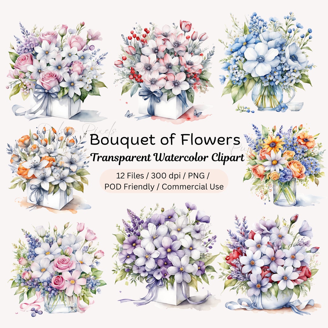 Flowers in Box Clipart, Watercolor Flowers Clipart, Bouquet in Box ...
