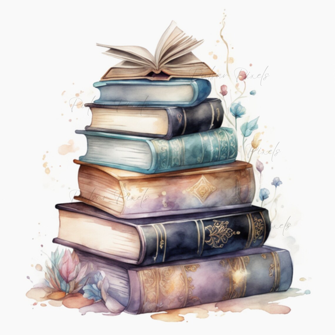 Watercolor Fantasy Books Clipart Galaxy Wizard Book Stacks - Etsy