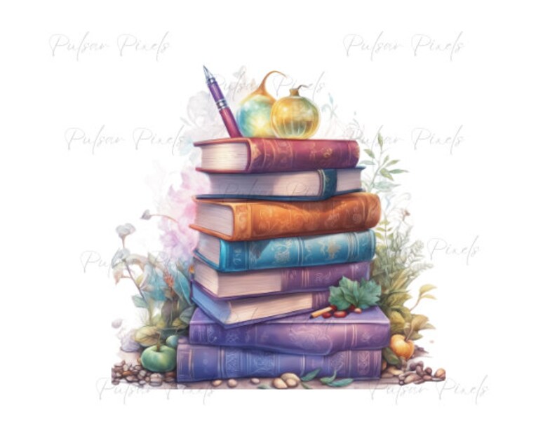 Watercolor Fantasy Books Clipart - Galaxy Wizard Book Stacks and ...
