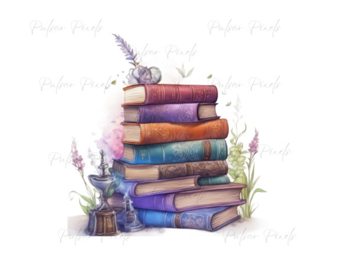 Watercolor Fantasy Books Clipart - Galaxy Wizard Book Stacks and ...