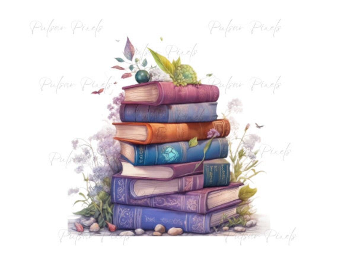 Watercolor Fantasy Books Clipart - Galaxy Wizard Book Stacks and ...