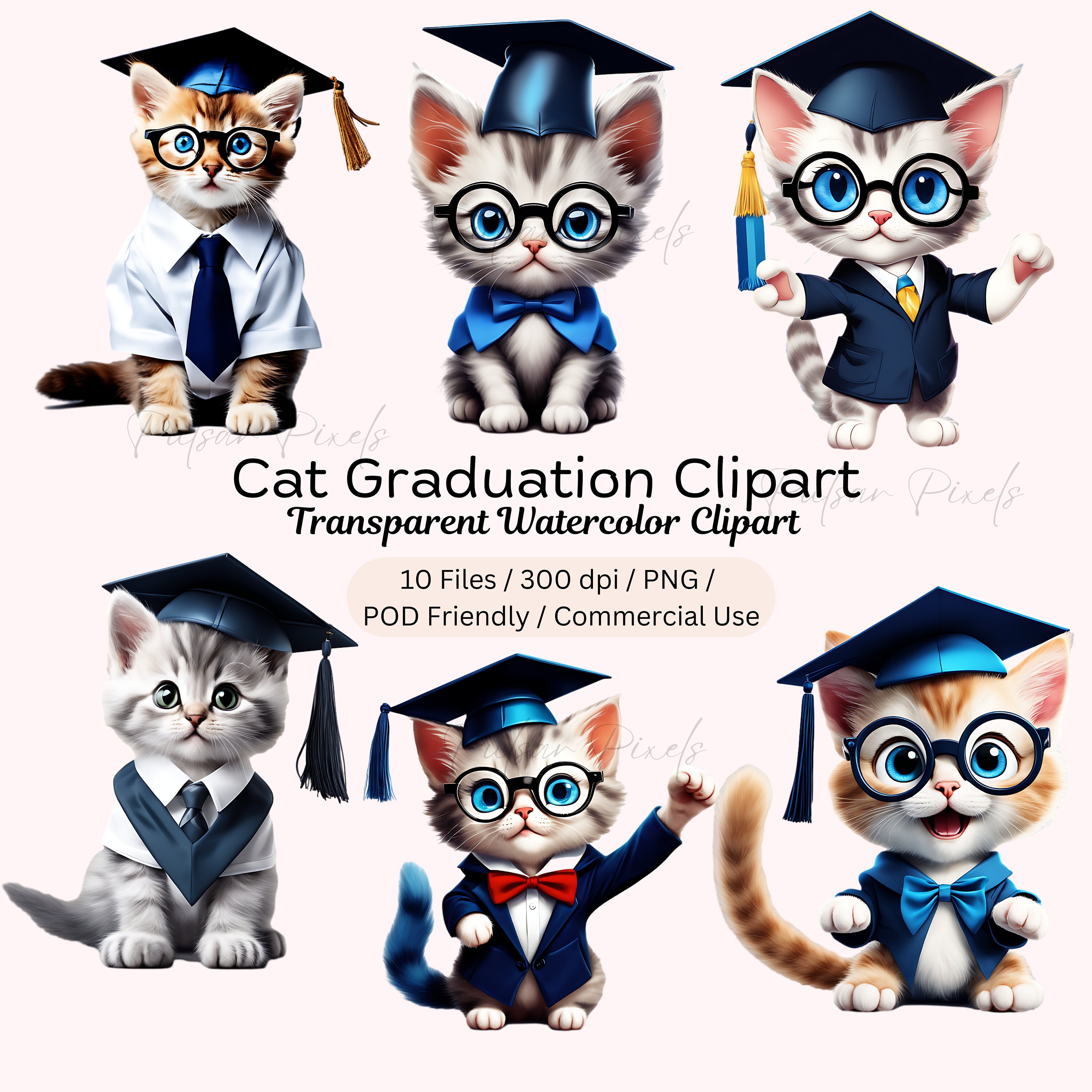 Graduation Cat Clipart, Academic Celebration, Watercolor Sublimation ...