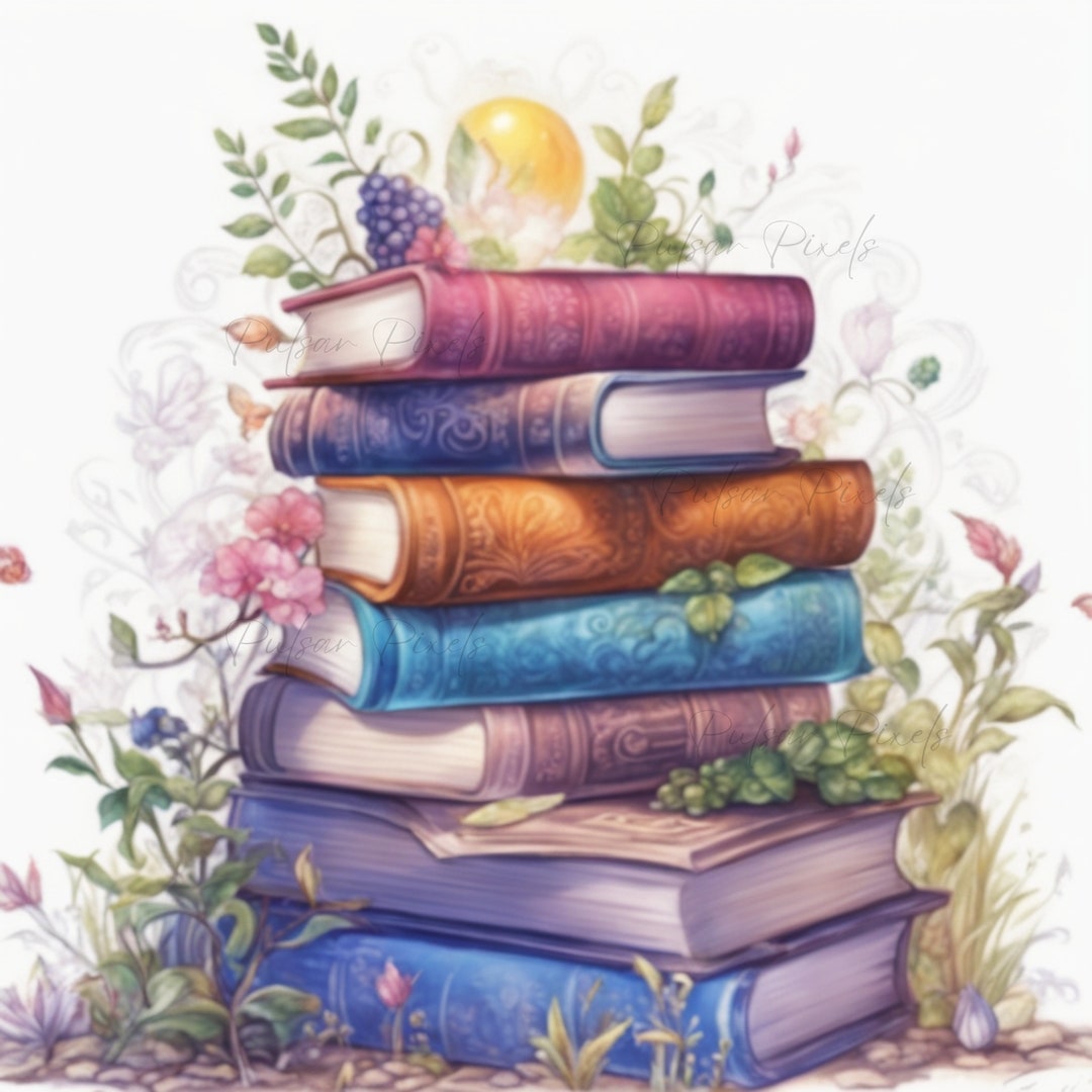 Watercolor Fantasy Books Clipart Galaxy Wizard Book Stacks and Shelves ...