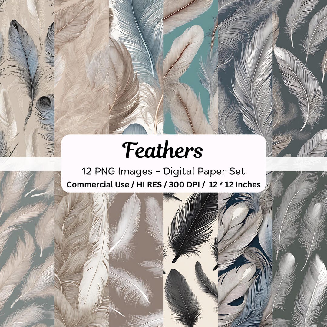 Feathers Digital Paper, Feathers Background, Boho Feathers, Watercolor ...