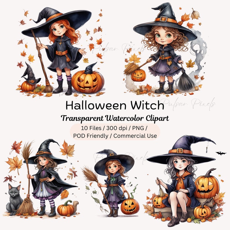 Halloween Witch Clipart - 10 High Quality Pngs, Watercolor Witch, Jack ...