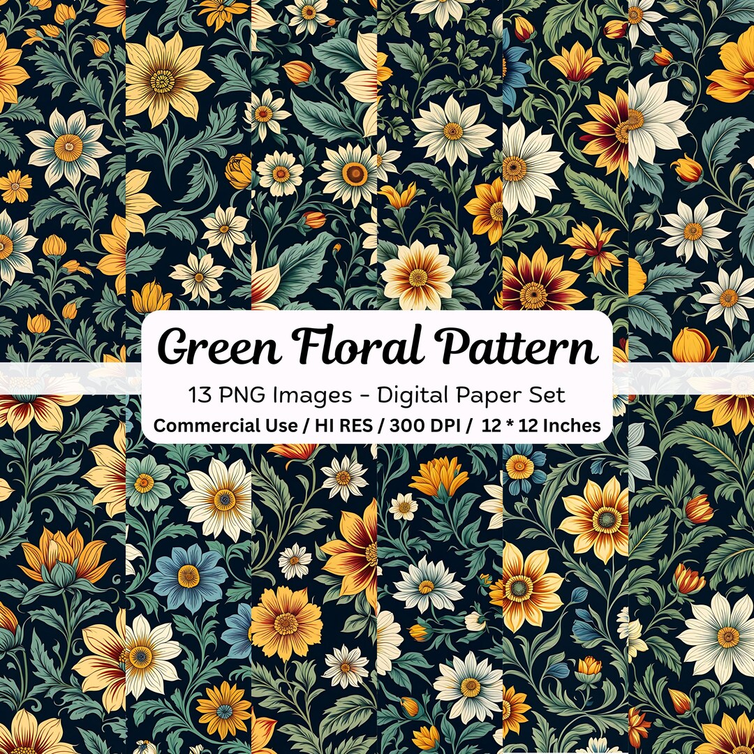 Green Flowers Digital Paper, Vintage Flowers, Seamless Pattern, Floral ...