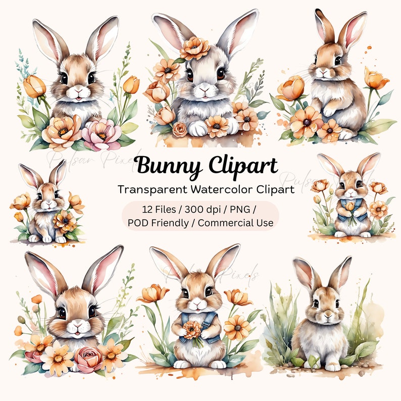 Cute Watercolor Bunnies - Digital Download - Bunny Digital Paper Craft ...