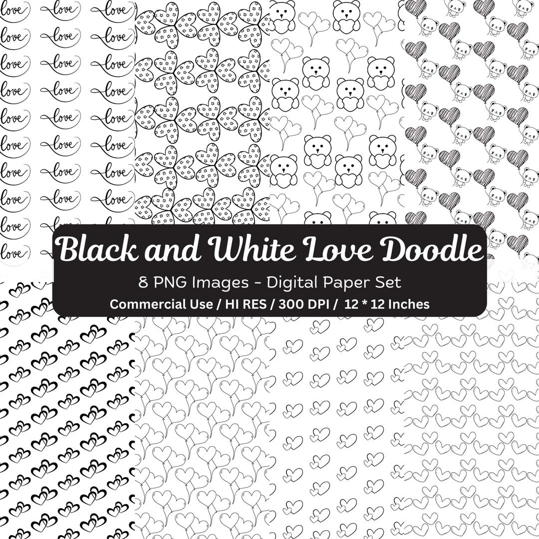 Black and White Doodle Digital Paper, Black and White Seamless Pattern ...