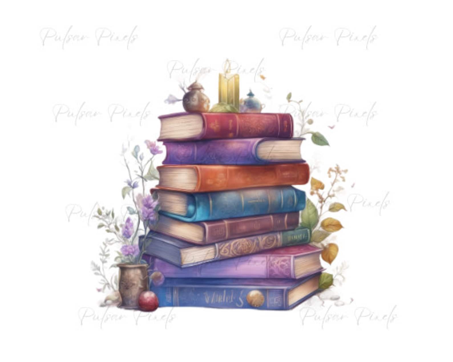 Watercolor Fantasy Books Clipart - Galaxy Wizard Book Stacks and ...