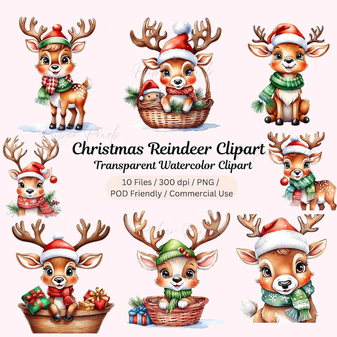 Christmas Reindeer Clipart - 10 High-quality Pngs, Digital Paper ...