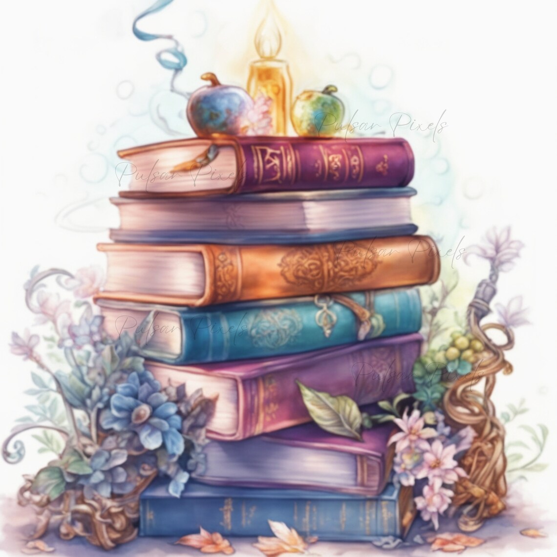 Watercolor Fantasy Books Clipart Galaxy Wizard Book Stacks and Shelves ...