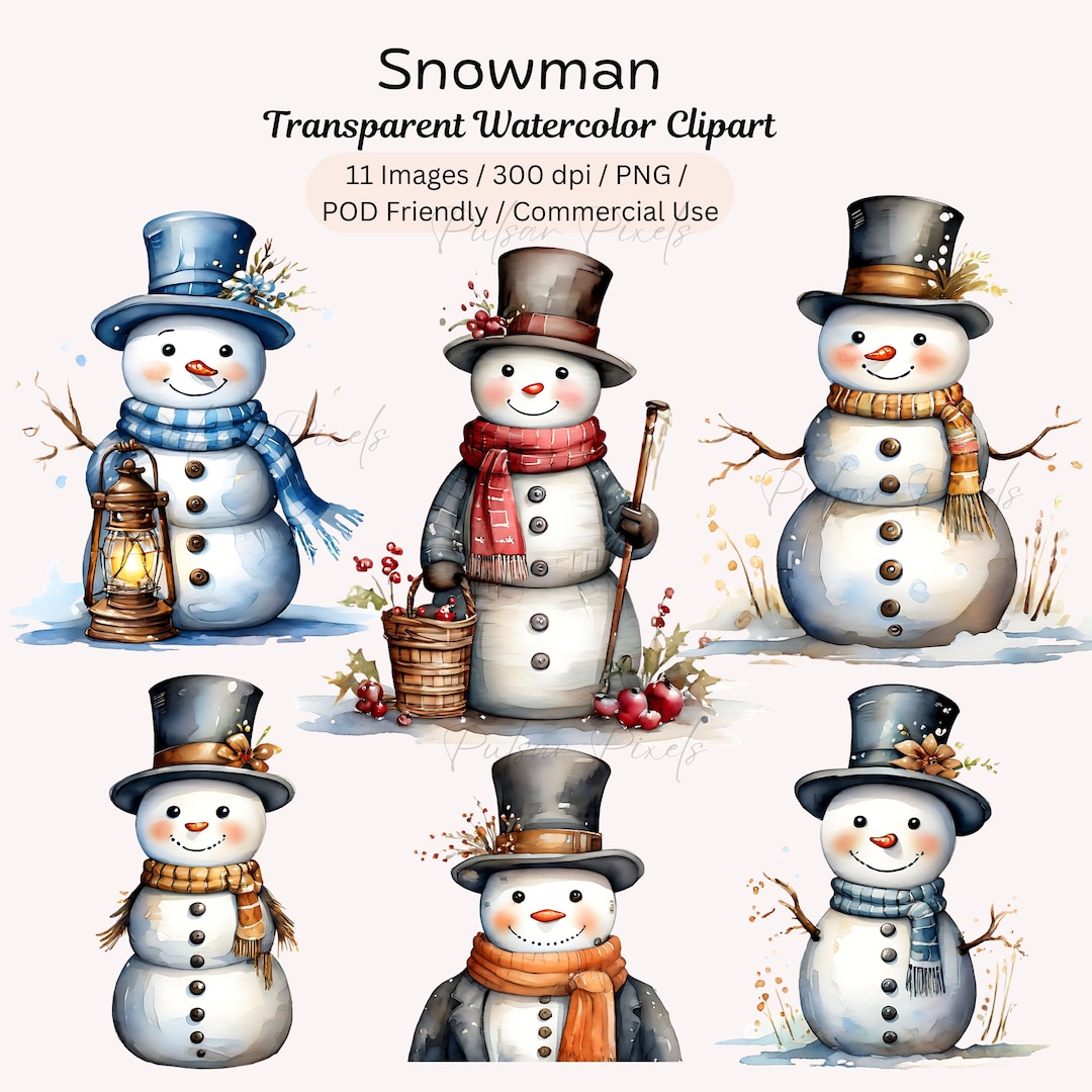 Vintage Snowman Clipart, Watercolor Snowman, Christmas Snowman ...