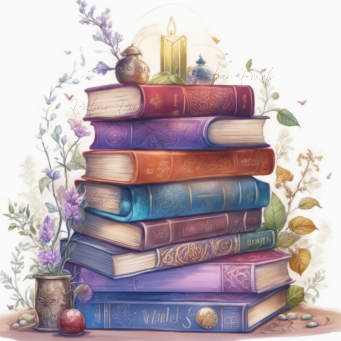Watercolor Fantasy Books Clipart Galaxy Wizard Book Stacks and Shelves ...