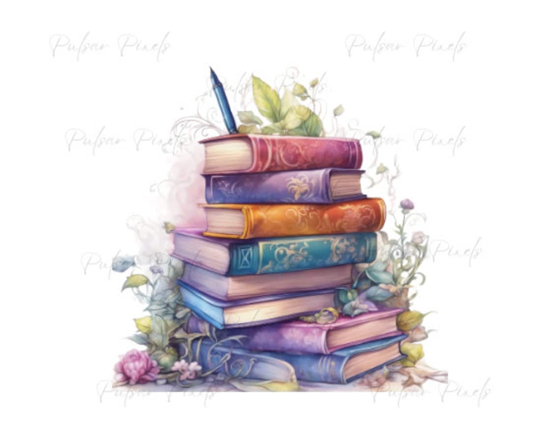 Watercolor Fantasy Books Clipart - Galaxy Wizard Book Stacks and ...