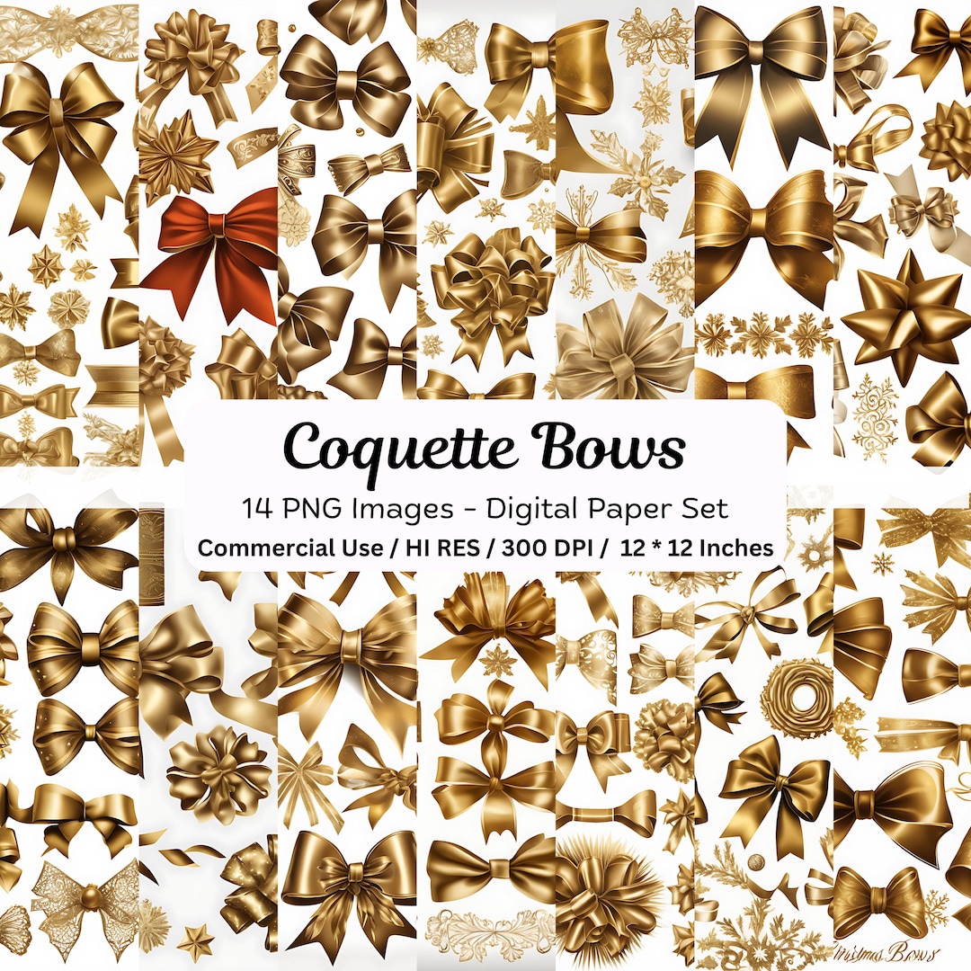 Bow Digital Paper, Coquette Digital Paper, Gold Bow Pattern, Wedding ...