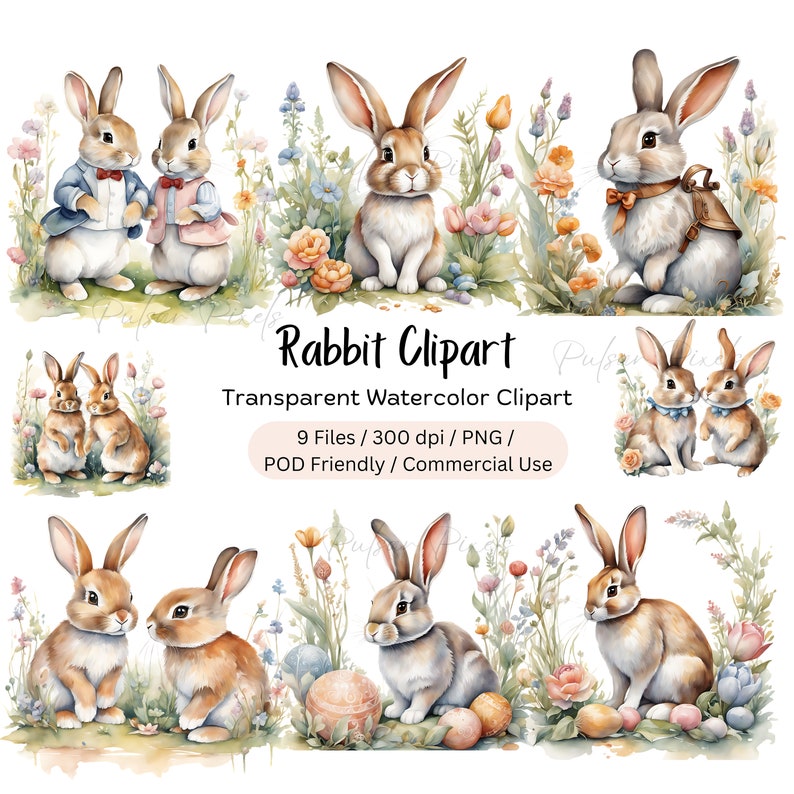 Cute Watercolor Rabbits - Digital Download - Bunny Digital Paper Craft ...