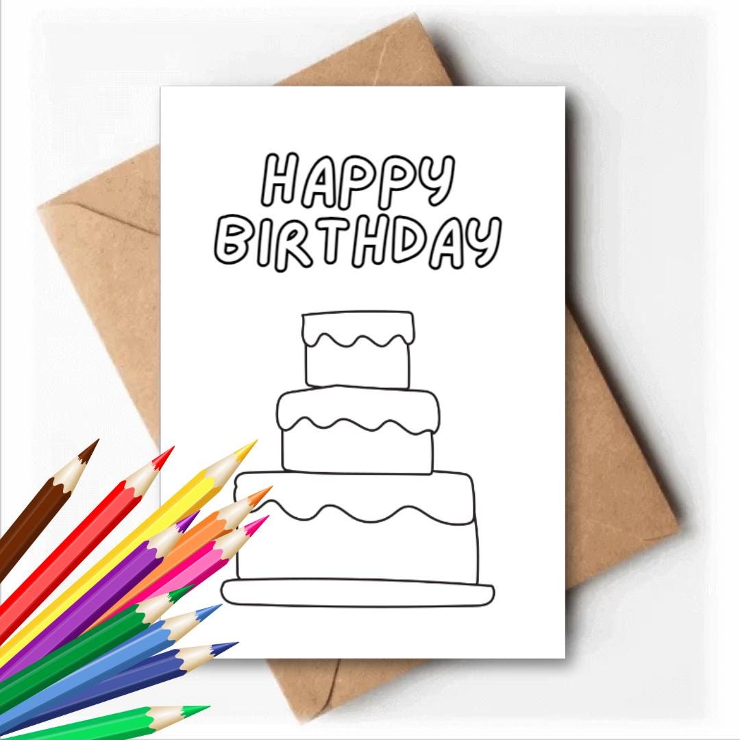 Printable Birthday Cake Colouring Card, Kids Coloring Card, Colour ...