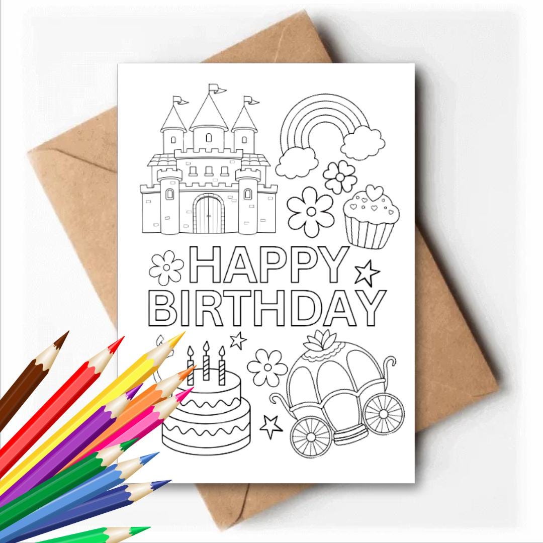 Princess Birthday Card Printable, Happy Birthday Princess Colouring ...